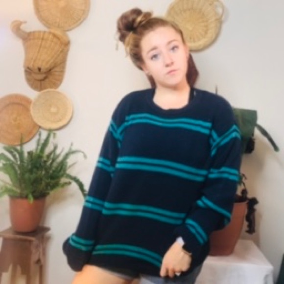 Vintage | Sweaters | Vsco 9s Teal Striped Oversized Boyfriend Sweater ...